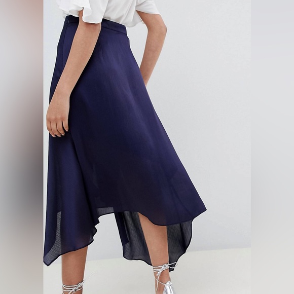 ASOS | Skirts | Asos Navy Blue Asymmetrical Satin Midi Skirt | Poshmark